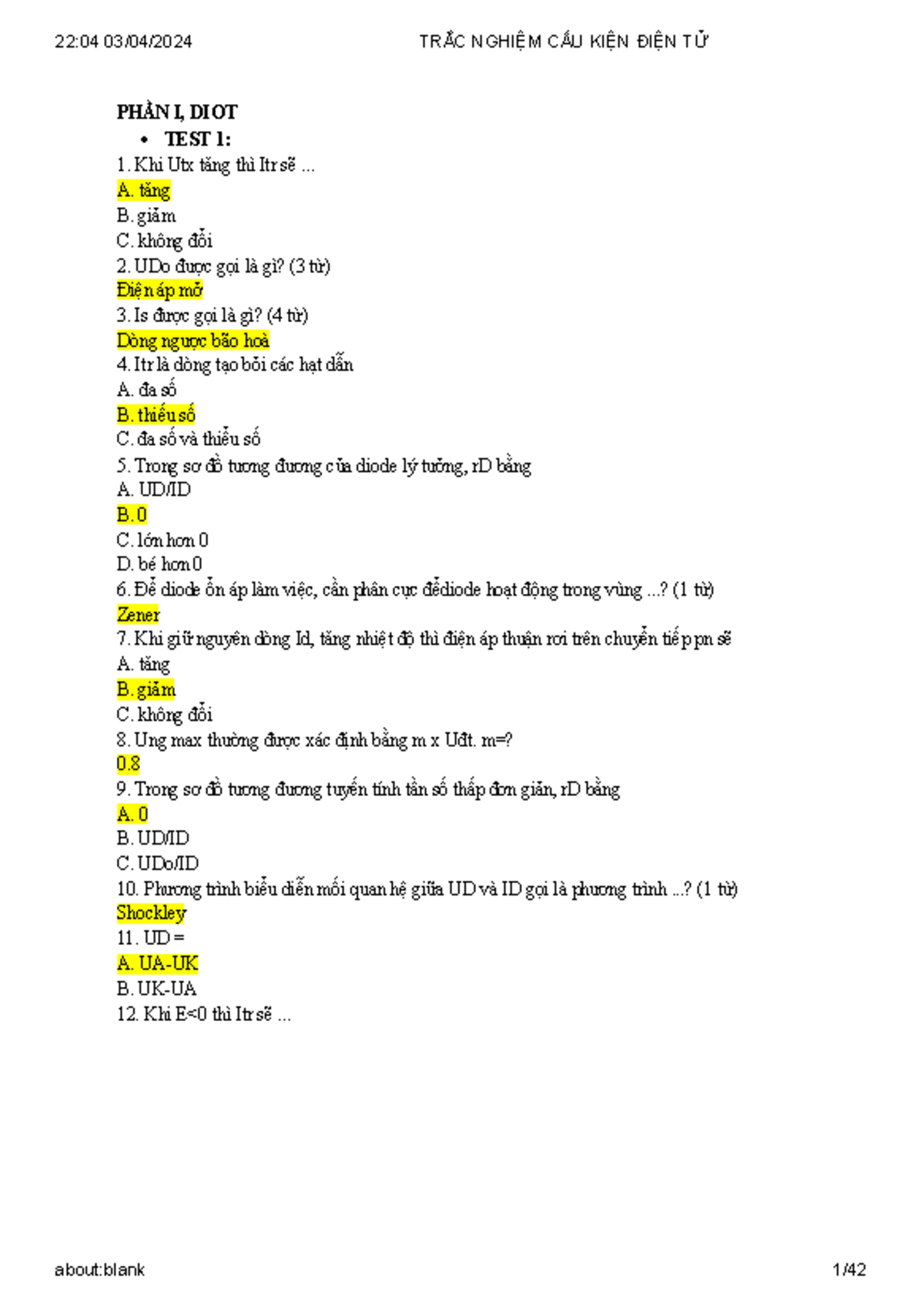 730174960 Trắc Nghiệm Cấu Kiện Điện Tử - PHẦN I, DIOT TEST 1: Khi Utx ...