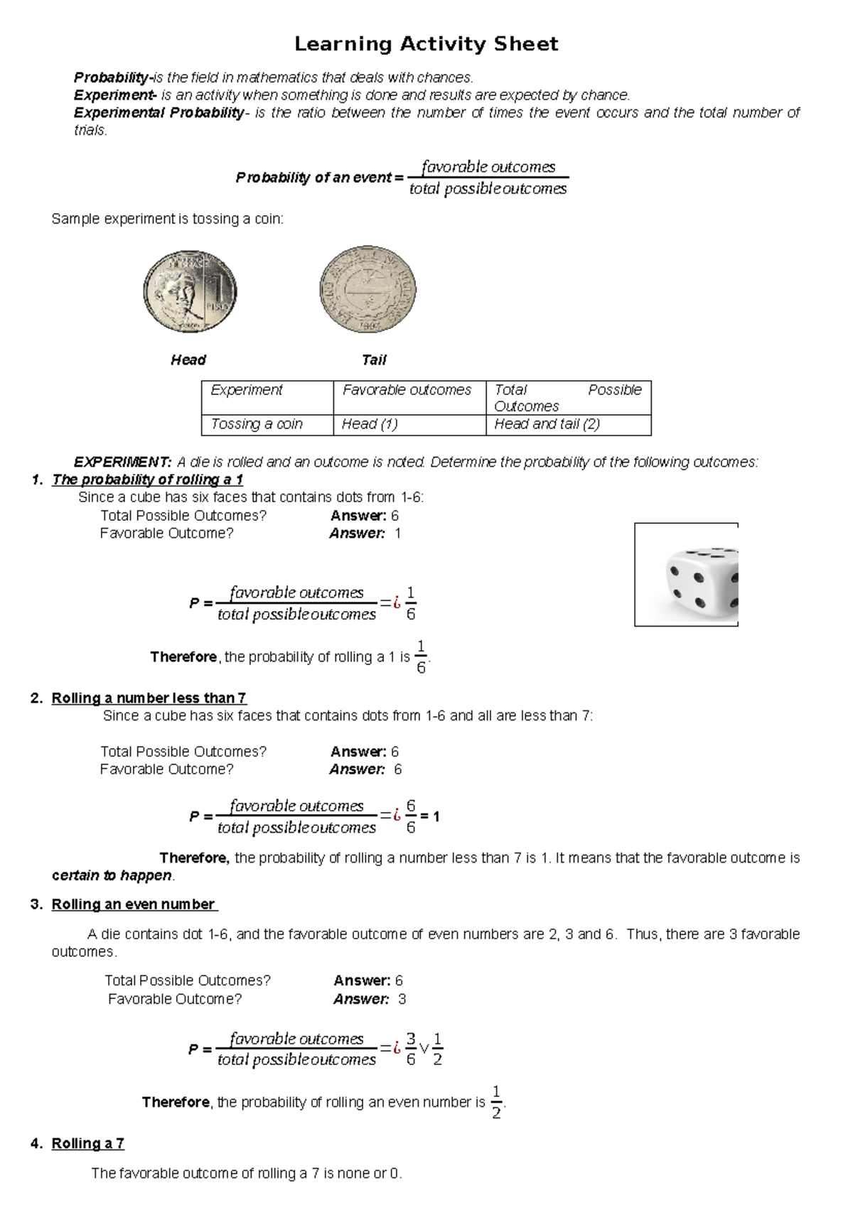 Probability Learning Activity Sheet: Understanding Chance and Outcomes ...