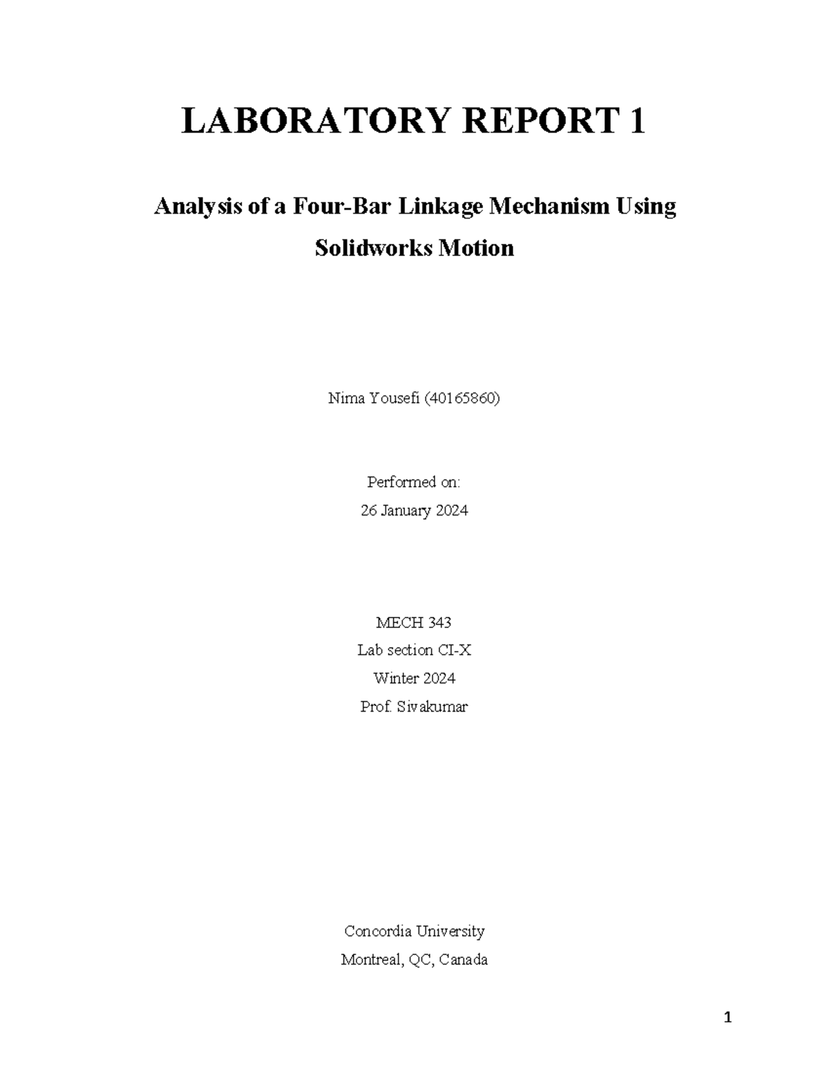 MECH 343 Laboratory 1 - LABORATORY REPORT 1 Analysis of a Four-Bar ...