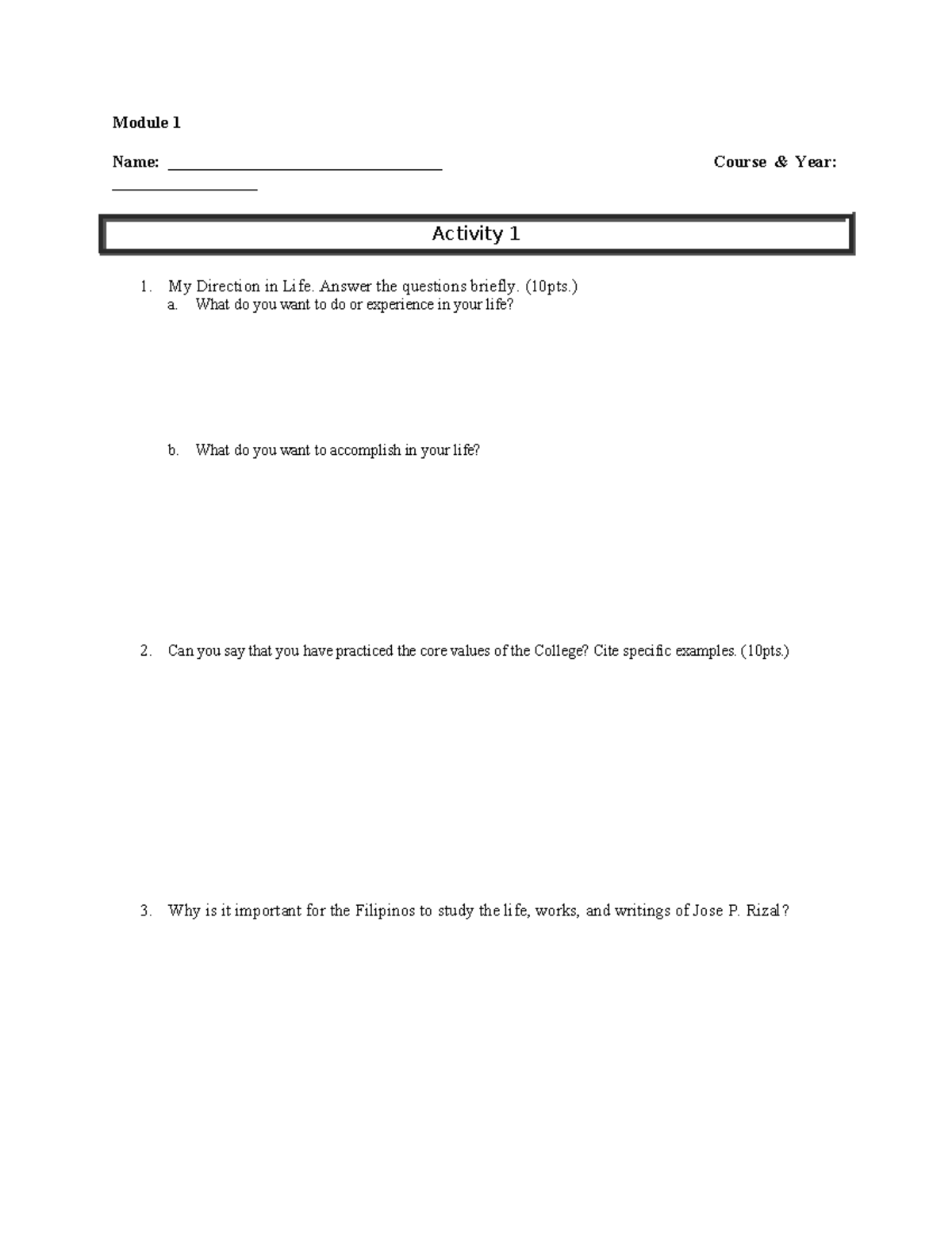 Ss 122 Module 1: My Direction in Life Activity 1 - Studocu