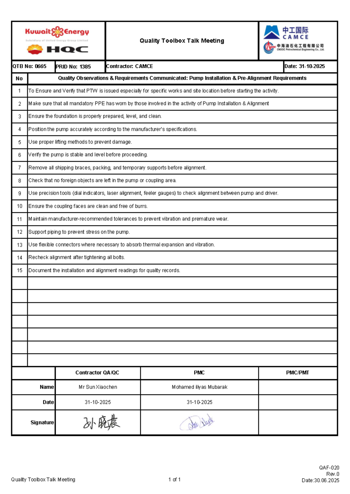 Quality Toolbox Talk Meeting QAF-020 Rev-0 (QTBT-0665) - Studocu