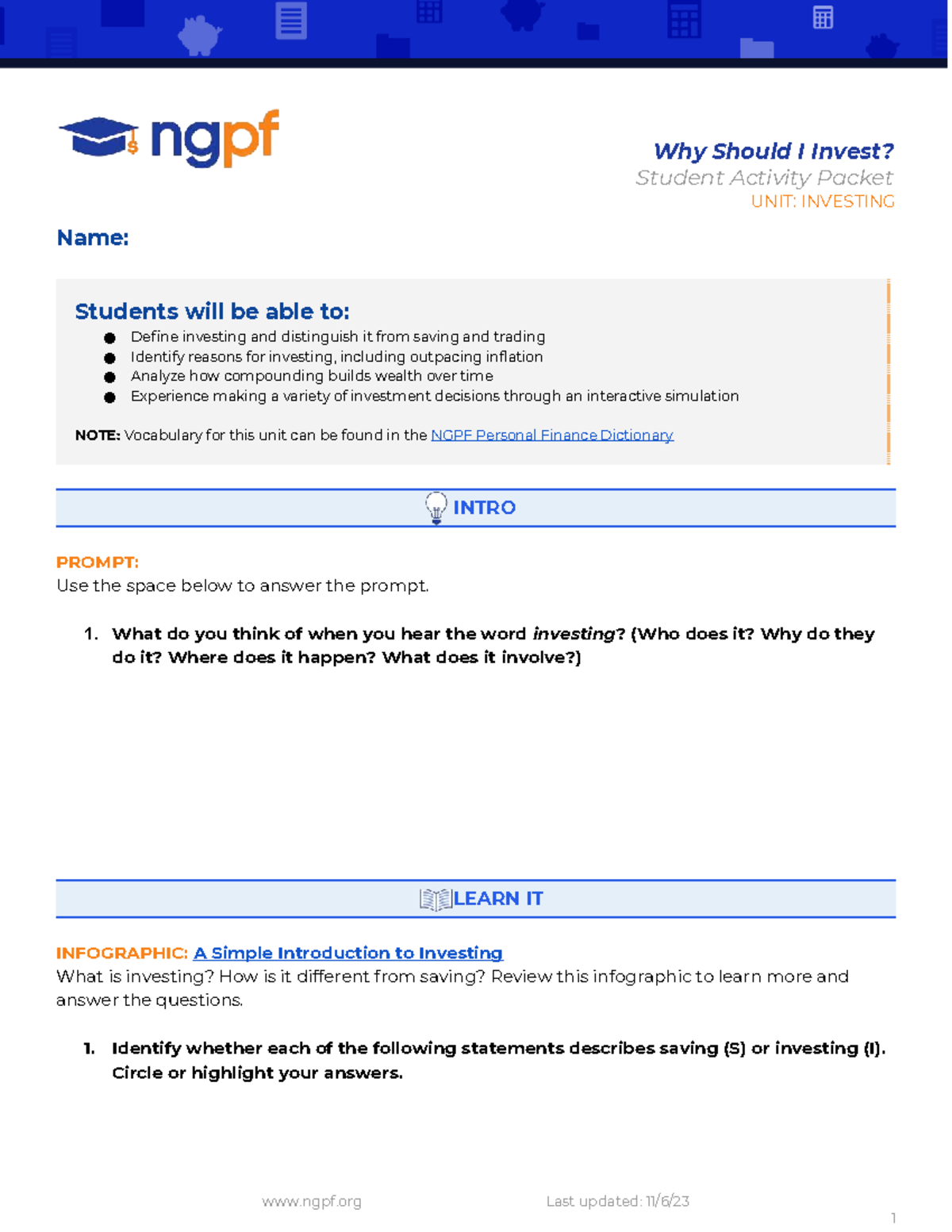 Investing Basics: Student Activity Packet UNIT: INVESTING - Studocu