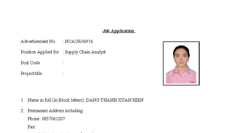 Job Application Form for Supply Chain Analyst - TA 00001 - Studocu