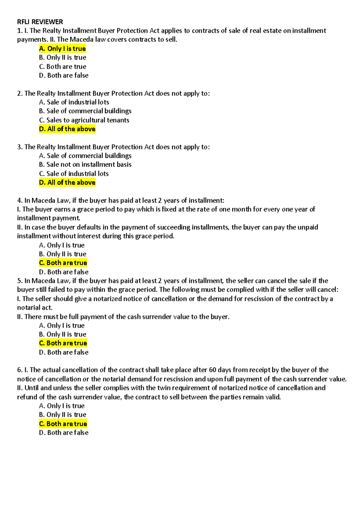 RFLI Review Notes: Realty Installment Buyer Protection Act Examination ...