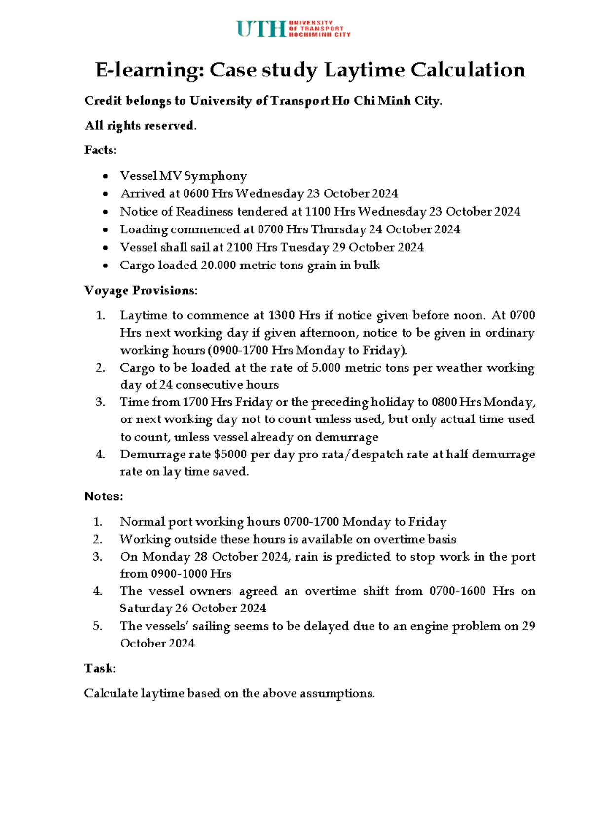 E-learning Laytime calculation - E-learning: Case study Laytime Calculation Credit belongs to ...