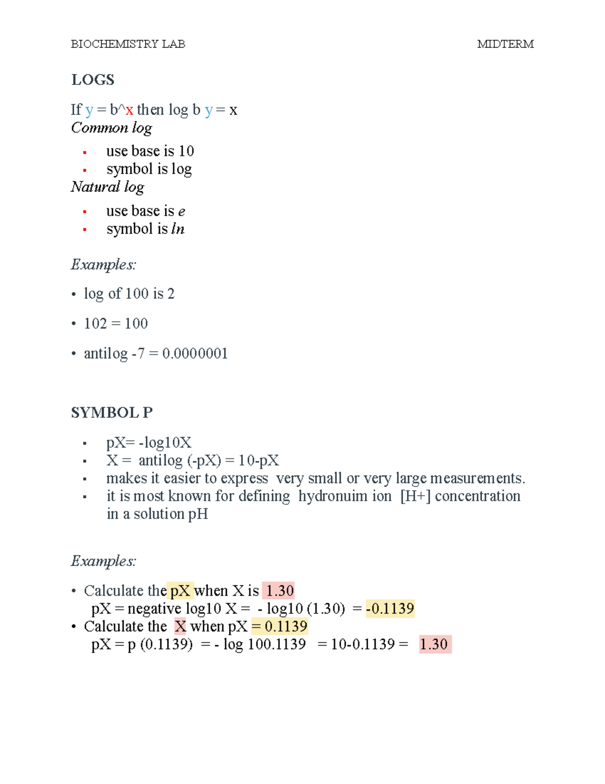 Biochem Lab Midterm Exam Notes (BCH 201) - Key Concepts & Formulas ...