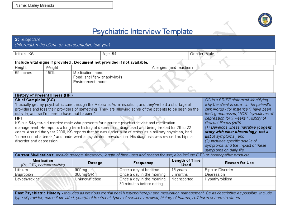 NR 548 Psychiatric Interview Documentation Template - Studocu