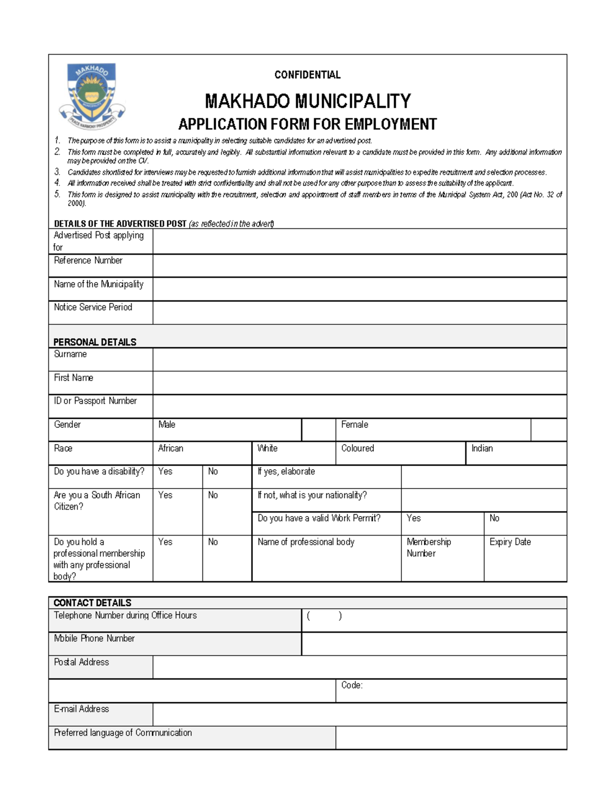 Makhado Municipality Employment Application Form Guidance Studocu