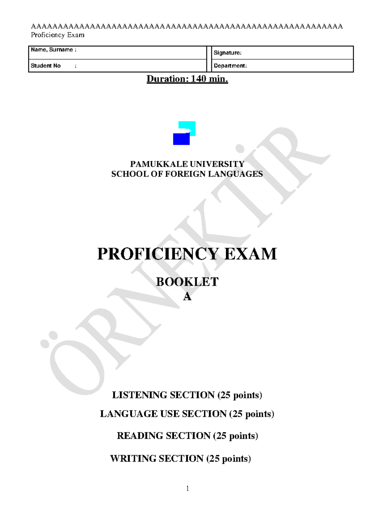 Pamukkale University Proficiency Exam Sample Test - Studocu