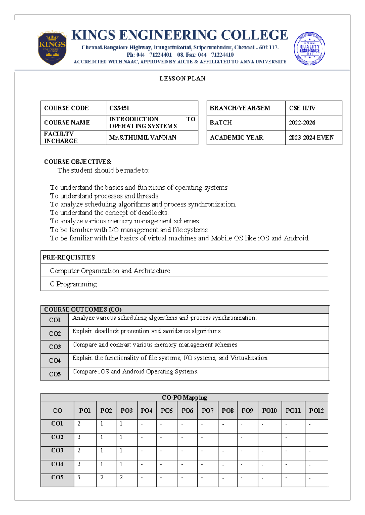 CS3451 Introduction to Operating Systems Lesson Plan - Studocu