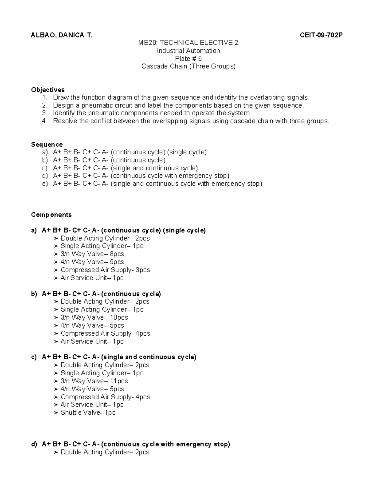 Control Engineering Plate 6 - ALBAO, DANICA T. CEIT-09-702P ME20 ...
