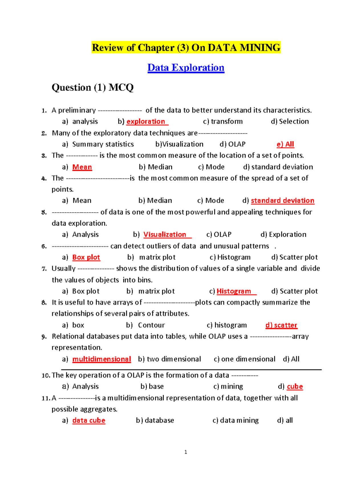 Review of MCQs from Chapter 3 - DATA MINING Concepts - Studocu
