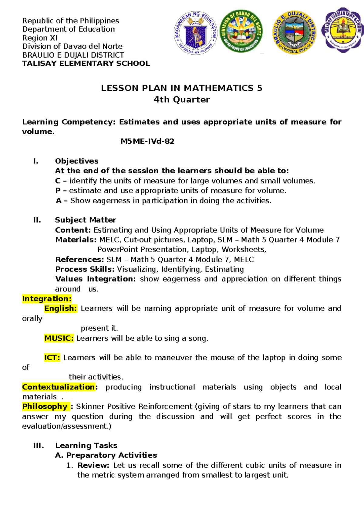Mathematics 5 Lesson Plan: Units of Measure for Volume - 4th Qtr - Studocu