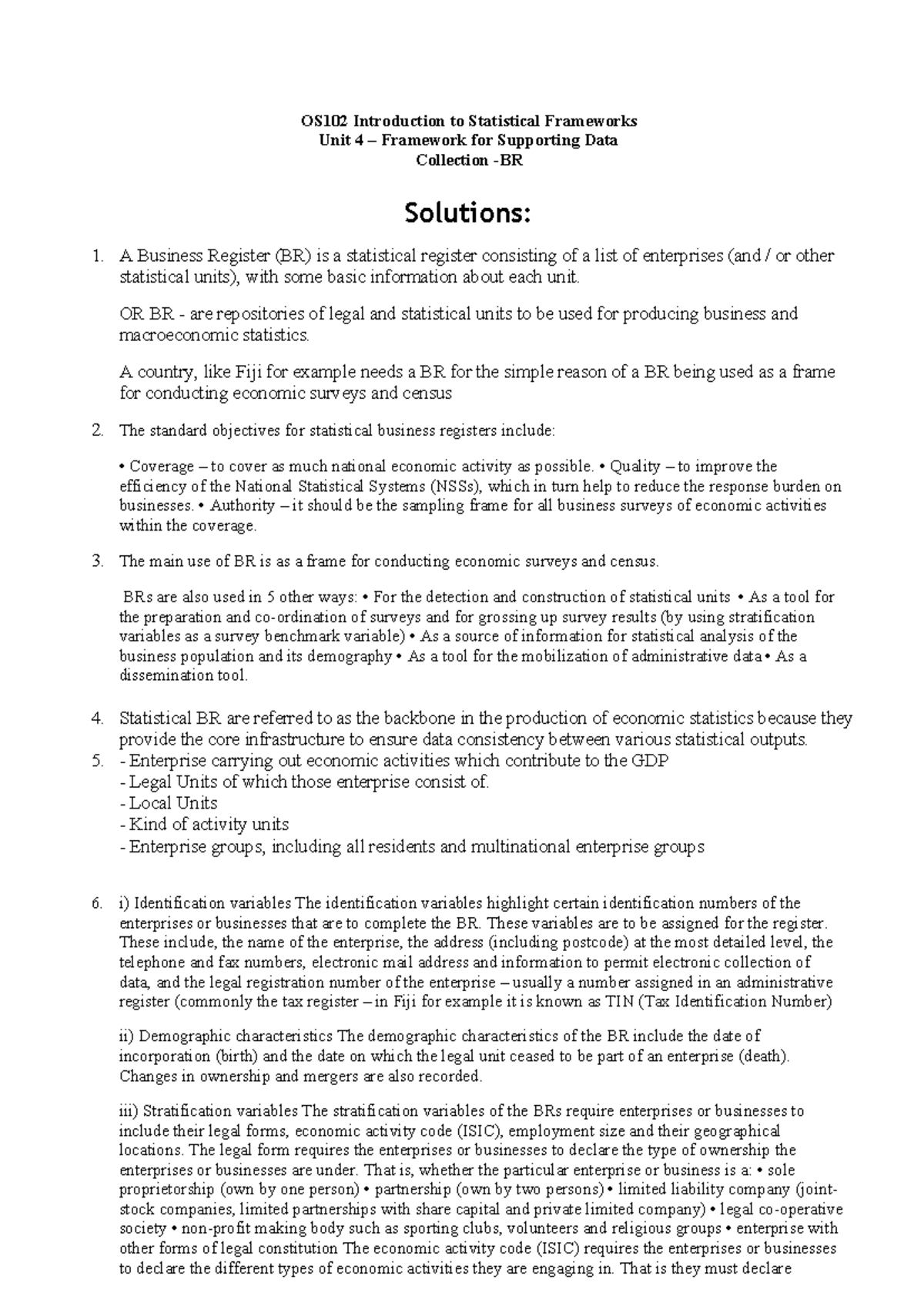 OS102 Tutorial 4: Business Registers in Statistical Frameworks - Studocu
