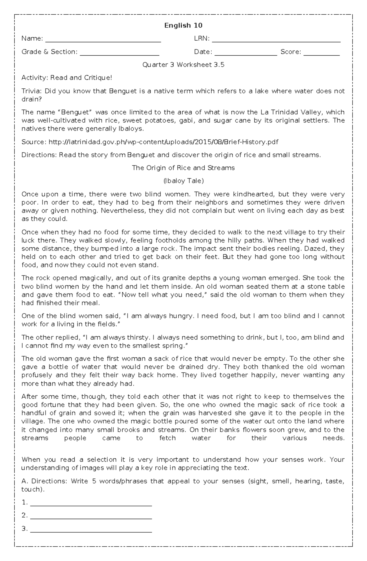 Eng10 Q3 WS3 - Worksheet purposes - English 10 Name ...