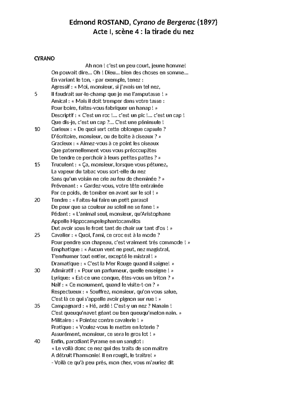 Texte LL1: Analyse de la Tirade du Nez de Cyrano de Bergerac - Studocu