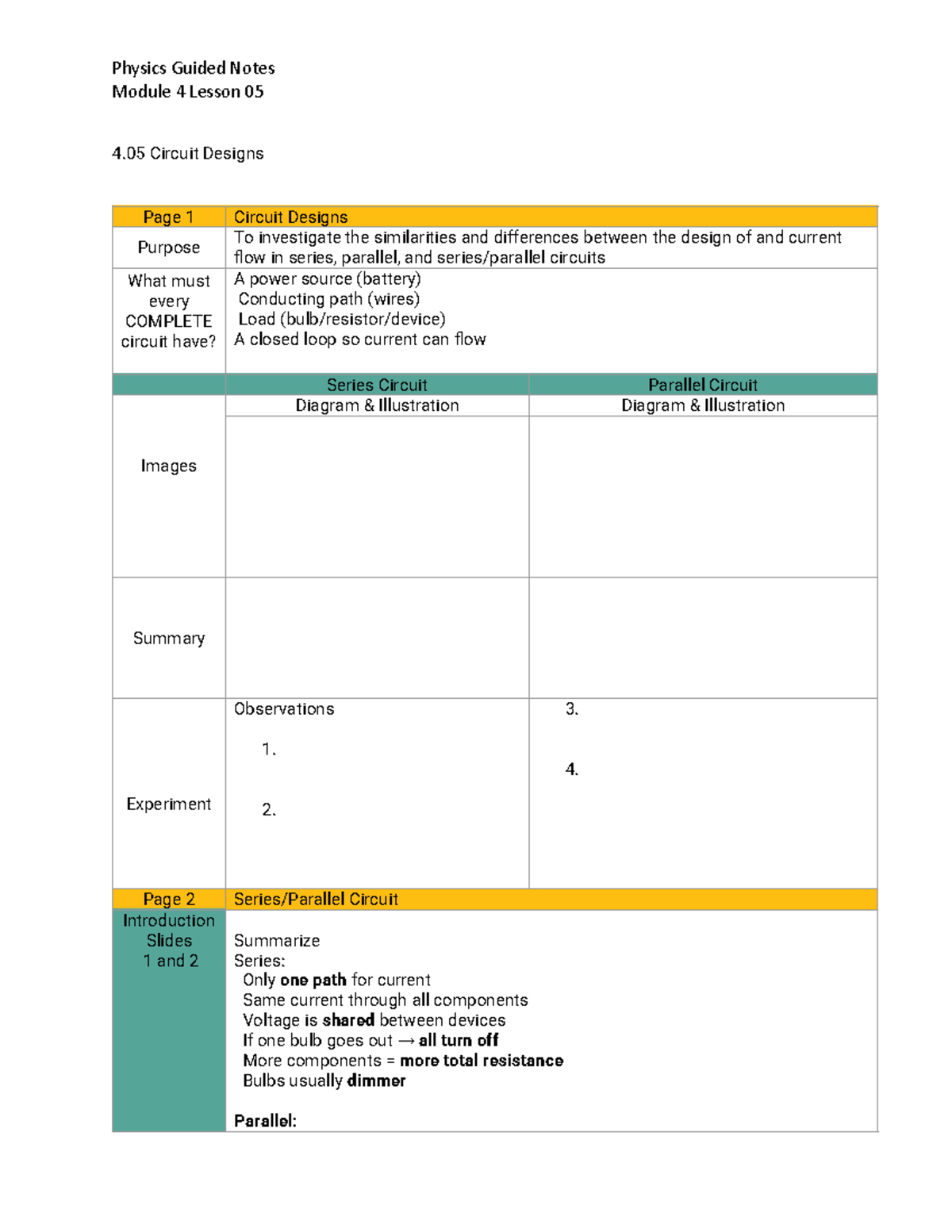 Physics Guided Notes GN-4: Circuit Designs & Current Flow - Studocu