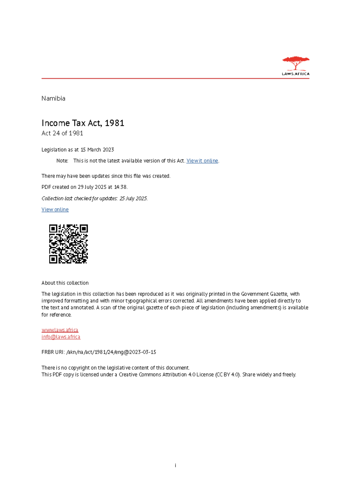 Namibia Income Tax Act, 1981 (Act 24 of 1981) - Updated as of March ...