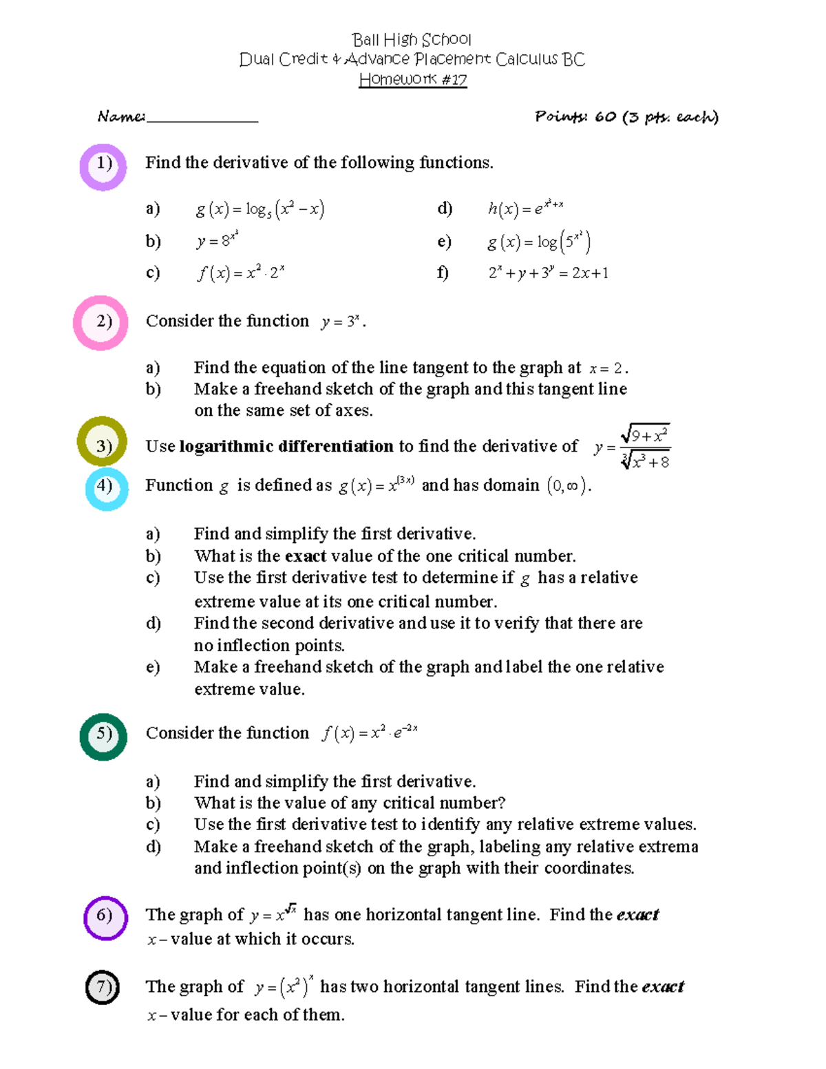 Calculus BC HW 17 - Derivatives and Tangent Lines Review - Studocu