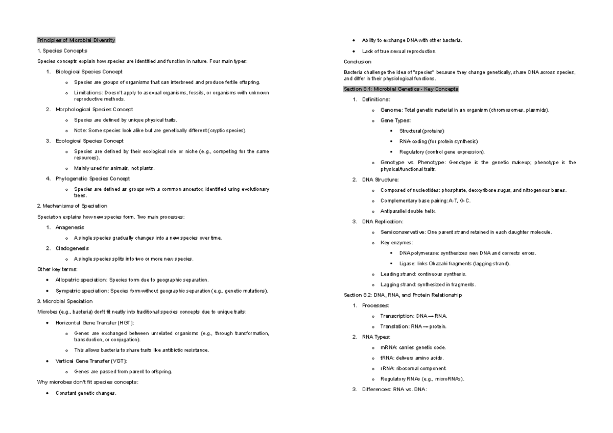 sample notes for test - Principles of Microbial Diversity Species ...