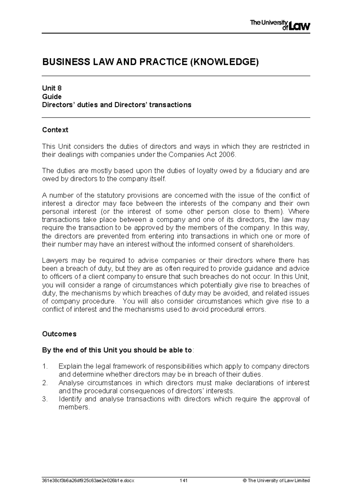 BUSINESS LAW AND PRACTICE (KNOWLEDGE) Unit 8: Directors' Duties ...