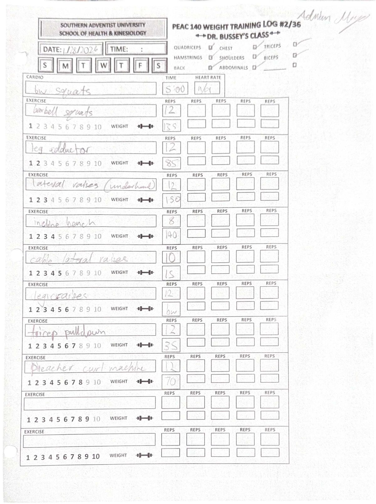 PEAC 140 Weight Training Log - Adnan Mayo (W26) - Studocu