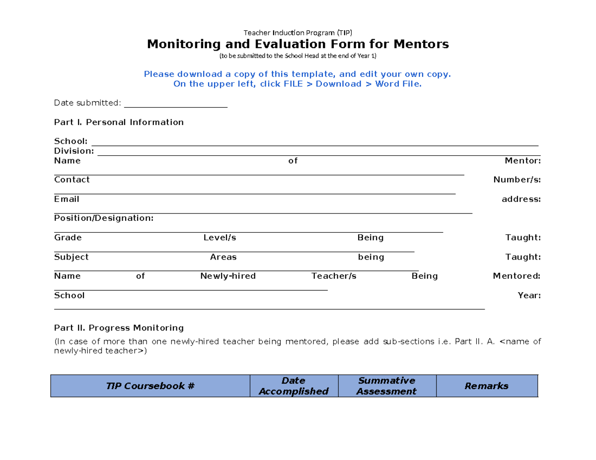 TIP IPBT M&E Form for Mentors - Year 1 Submission Guide - Studocu