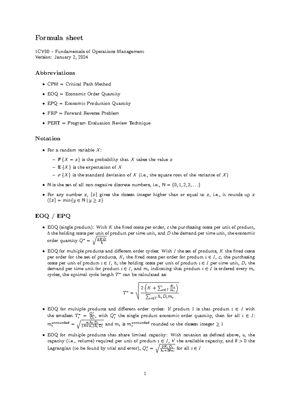 1CV00 Formula Sheet: Key Concepts in Operations Management - Studeersnel