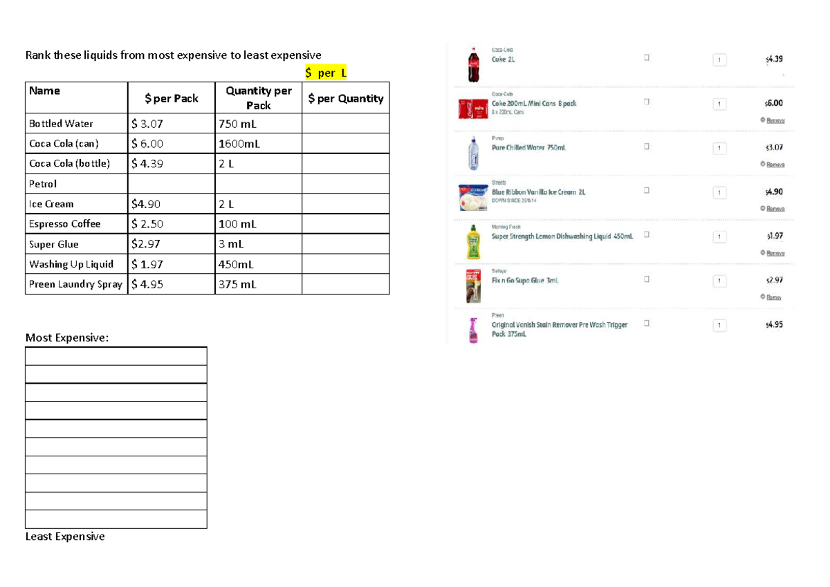 Ranking Liquids by Cost per L: Most to Least Expensive - Studocu