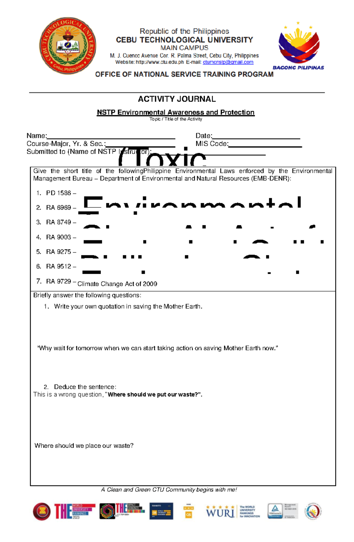 NSTP Activity Journal: Environmental Awareness & Protection - Studocu