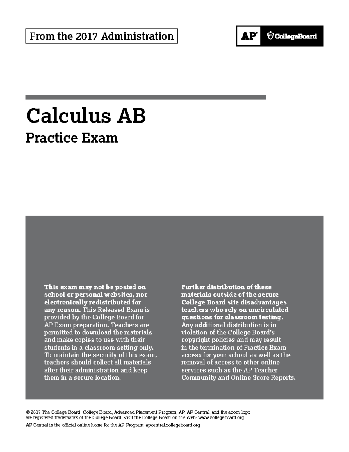 AP Calculus AB 2017 - Released Practice Exam Instructions and Details ...