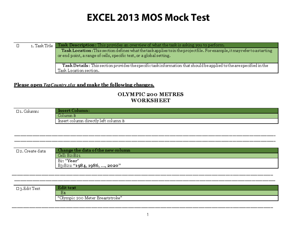 Excel Mock Test 4: Task Overview and Instructions - Studocu