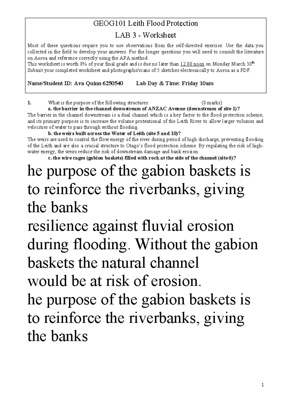GEOG101 Leith Flood Protection Lab 3 Worksheet & Observations - Studocu