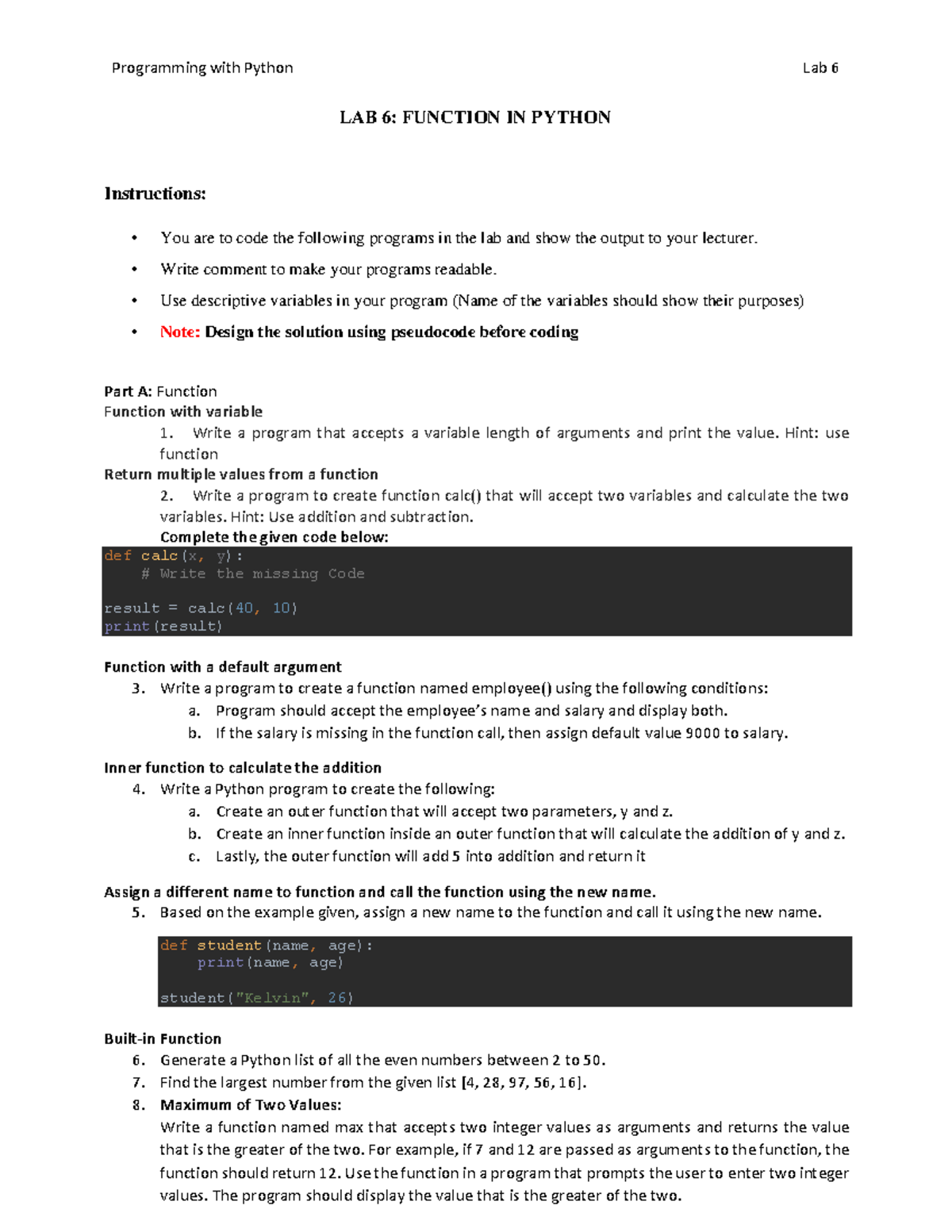LAB 6: Functions in Python Programming - Studocu