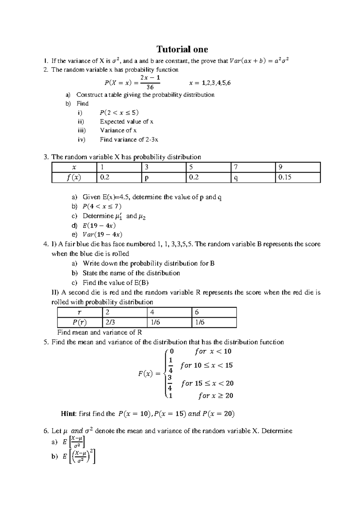 Tutorial 2.1: Variance and Probability Distributions in Random Variables - Studocu