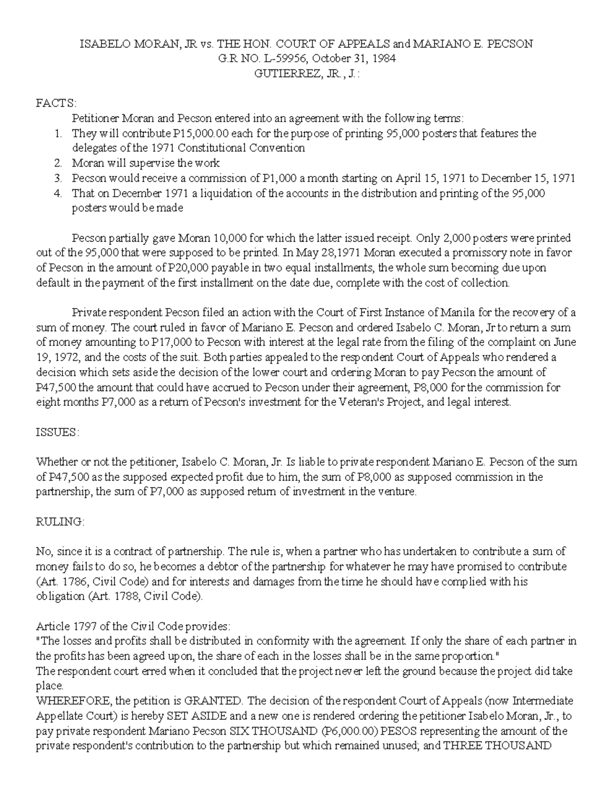 CASE Digest: Isabelo Moran Jr. vs. Mariano Pecson (G.R. No. L-59956 ...