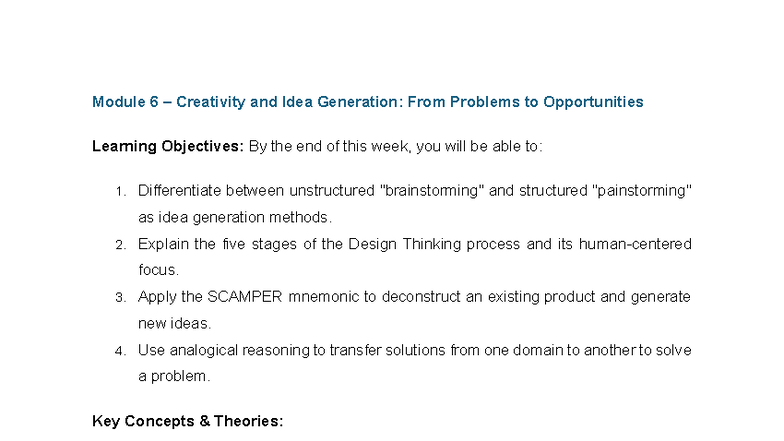 Module 6: Creativity & Idea Generation - Design Thinking Insights - Studocu