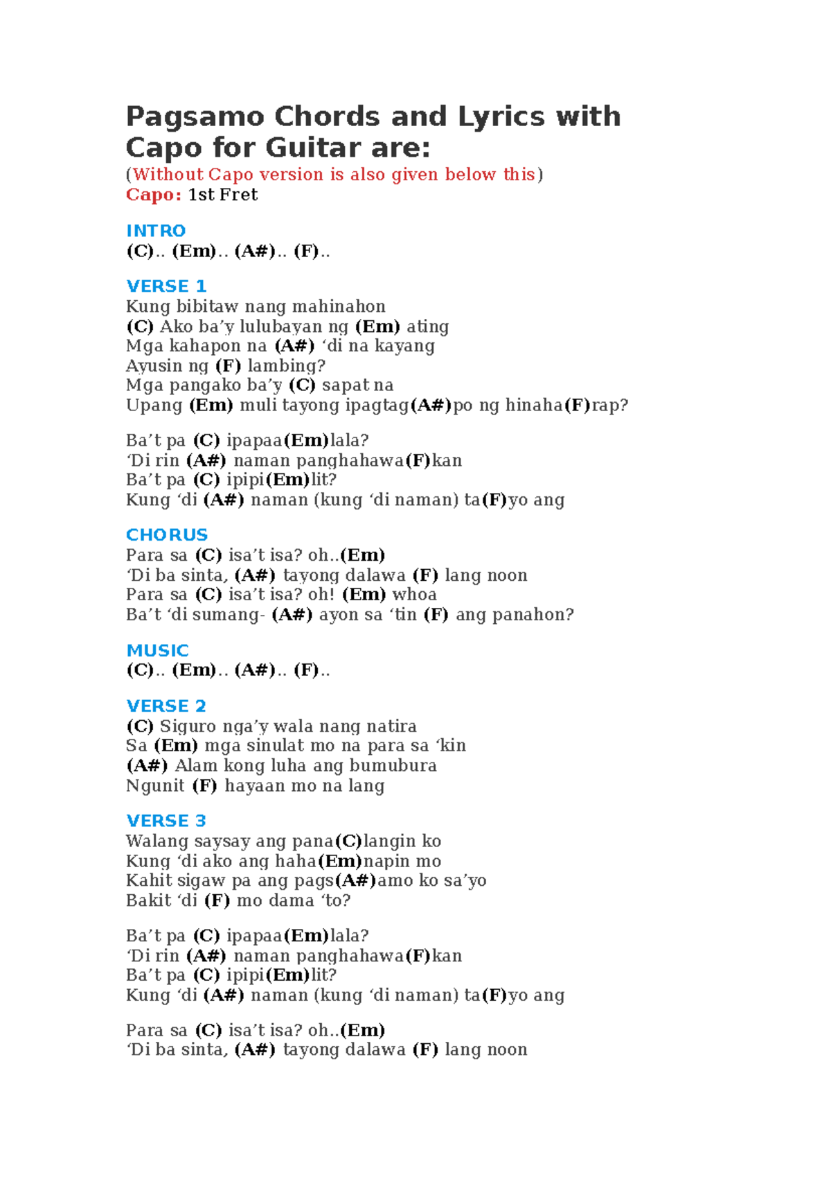 Pagsamo Chords and Lyrics with Capo for Guitar - Pagsamo Chords and ...