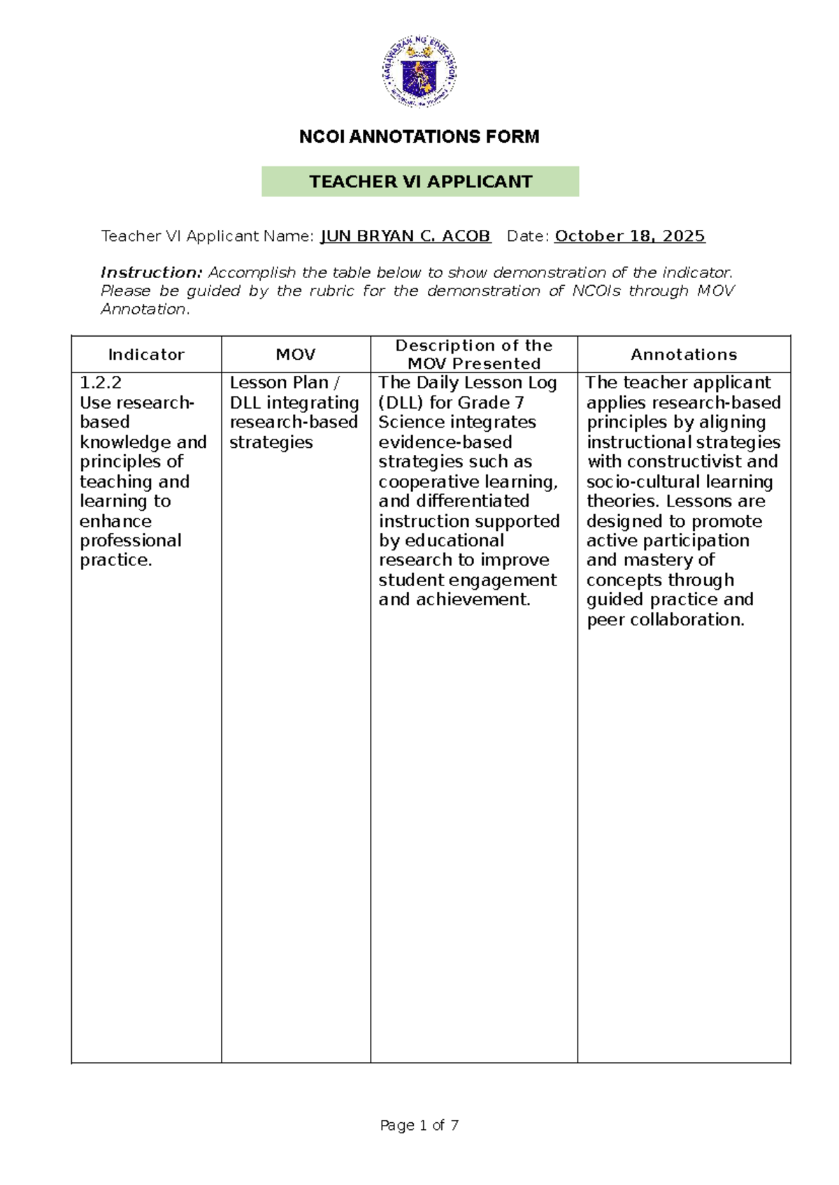 NCOI Annotations Form for Teacher VI Applicant (SY 2025) - Studocu
