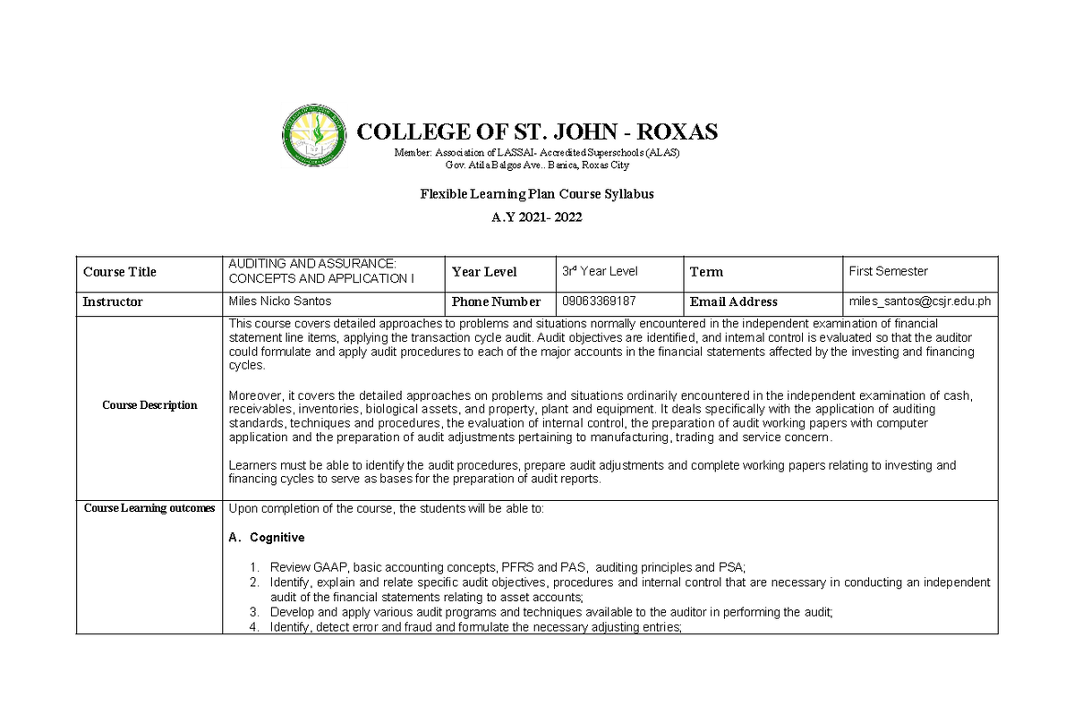 Acct402: Auditing and Assurance Concepts & Application - Course Syllabus - Studocu