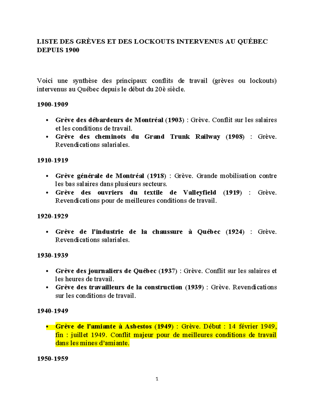Liste des Grèves et Lockouts au Québec (1900-1986) - Studocu