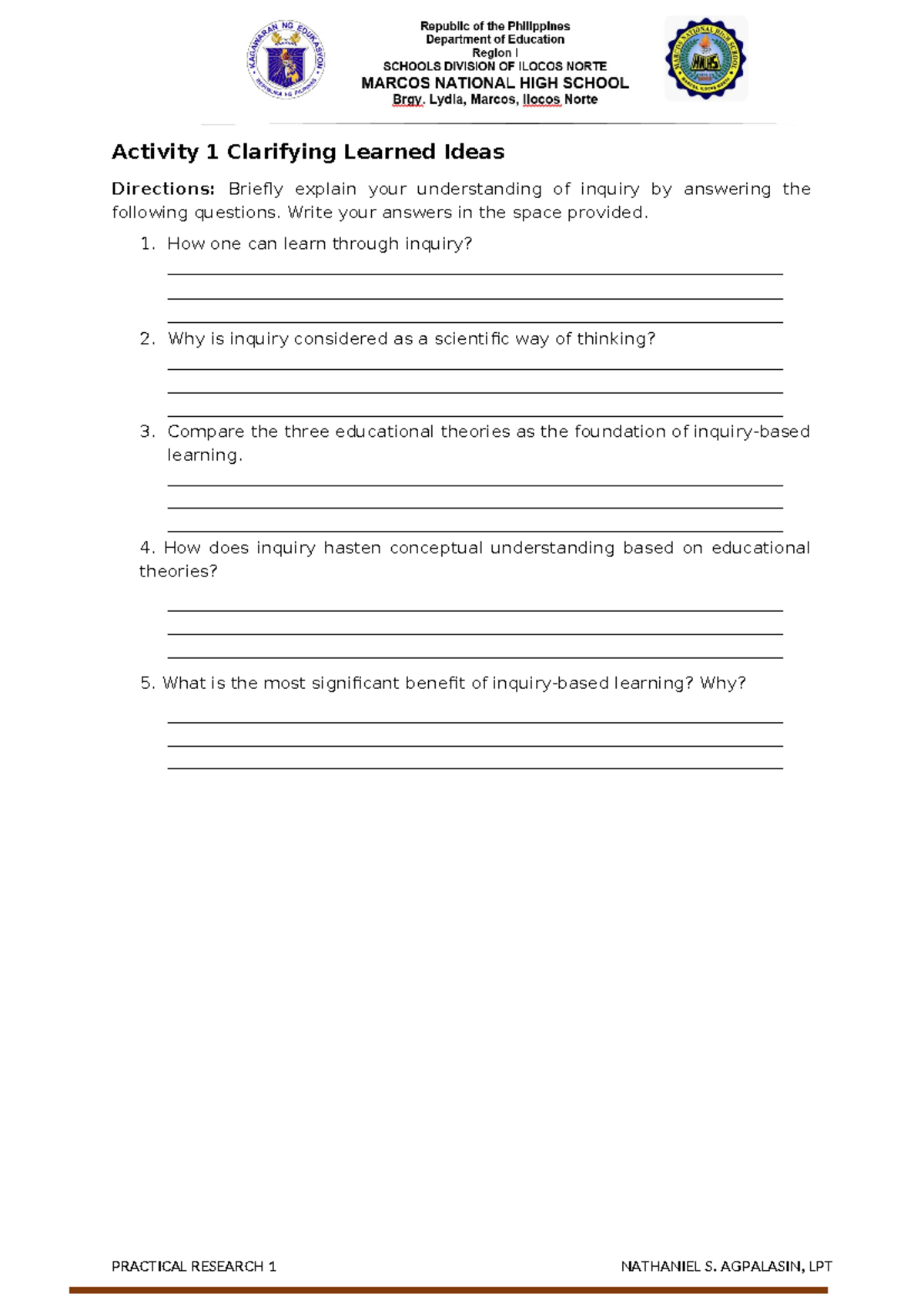 Quarter 3 Activity 1: Inquiry and Research Understanding - Studocu