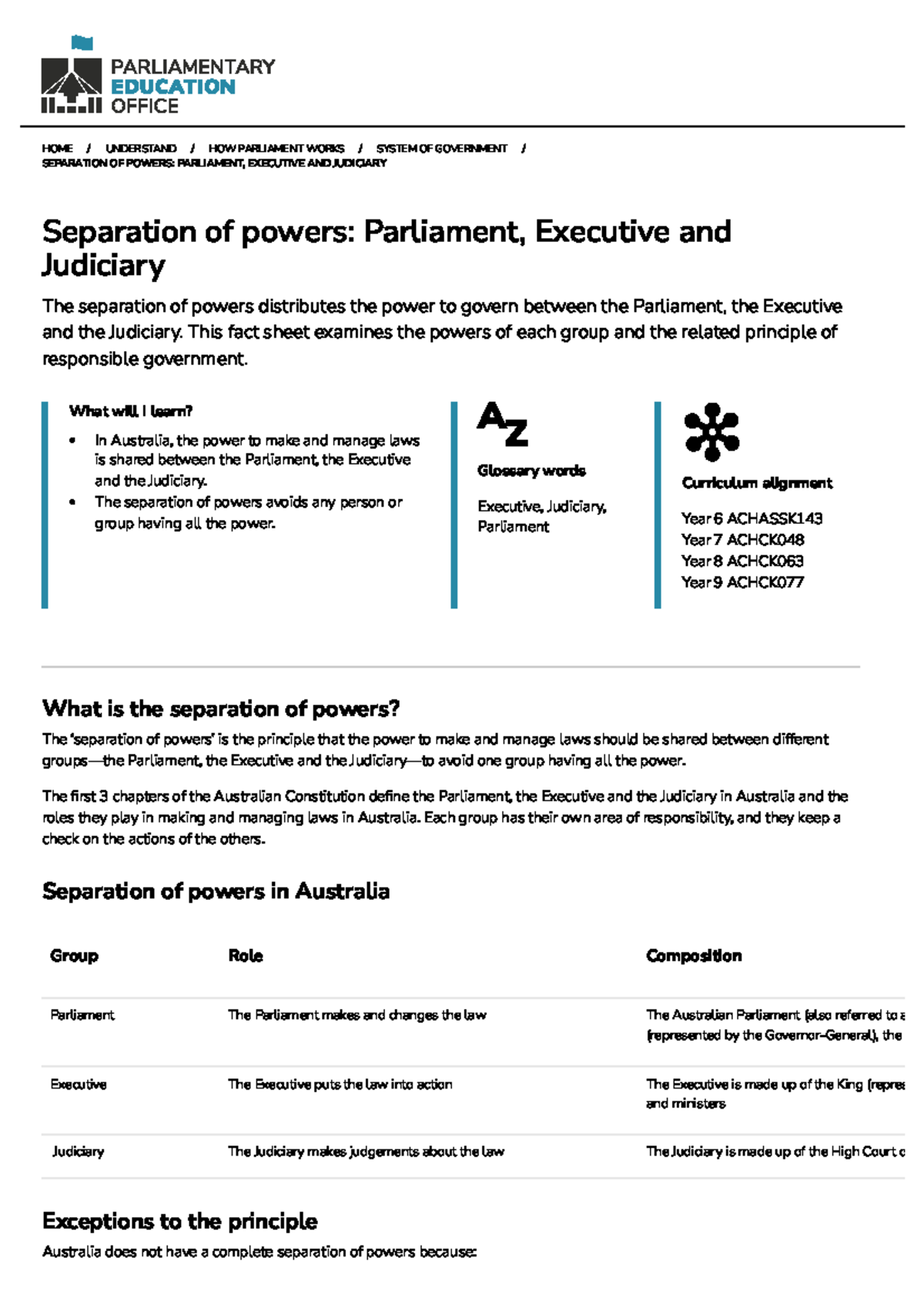 Year 6-9: Understanding Separation of Powers in Australia - Studocu