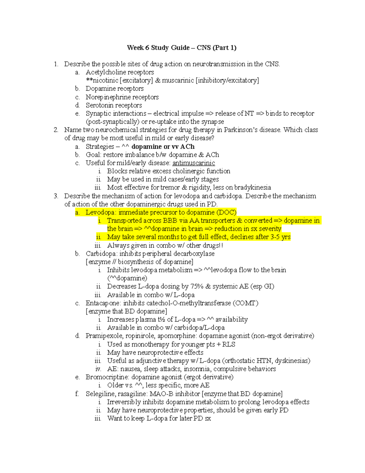 Pharm B - Central nervous system drugs I - Week 6 Study Guide – CNS ...