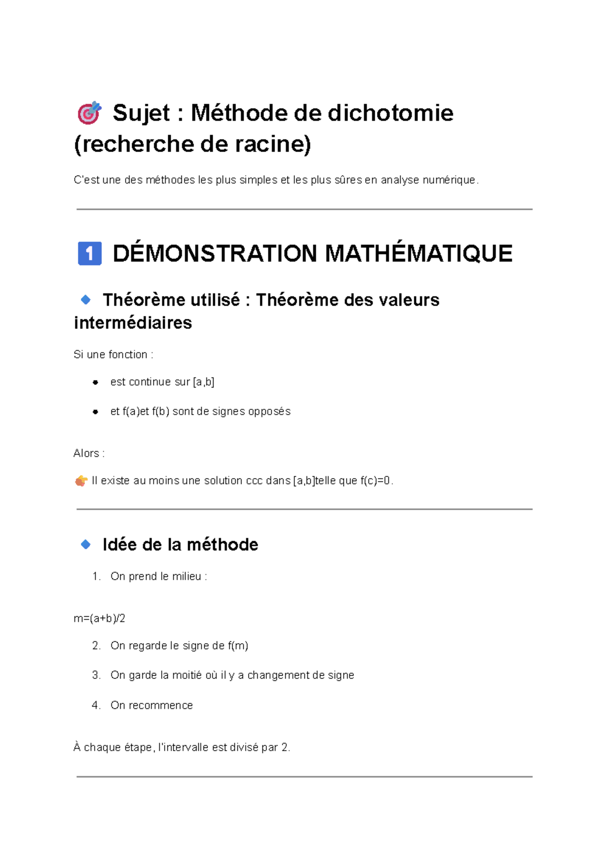 Dichotomie - Méthode Numérique en Analyse Mathématique - Studocu