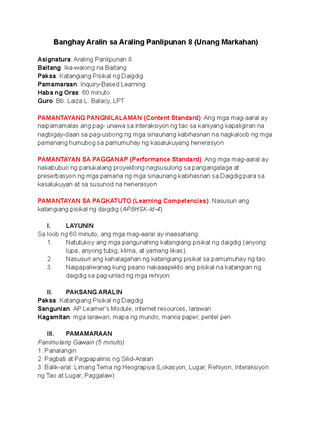 Banghay Aralin sa AP 8: Katangiang Pisikal ng Daigdig (Unang Markahan ...