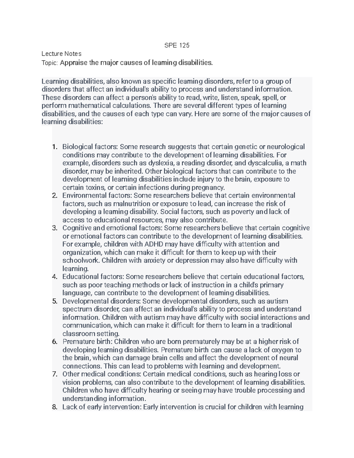 SPE 125 - Lecture Notes on Major Causes of Learning Disabilities - Studocu