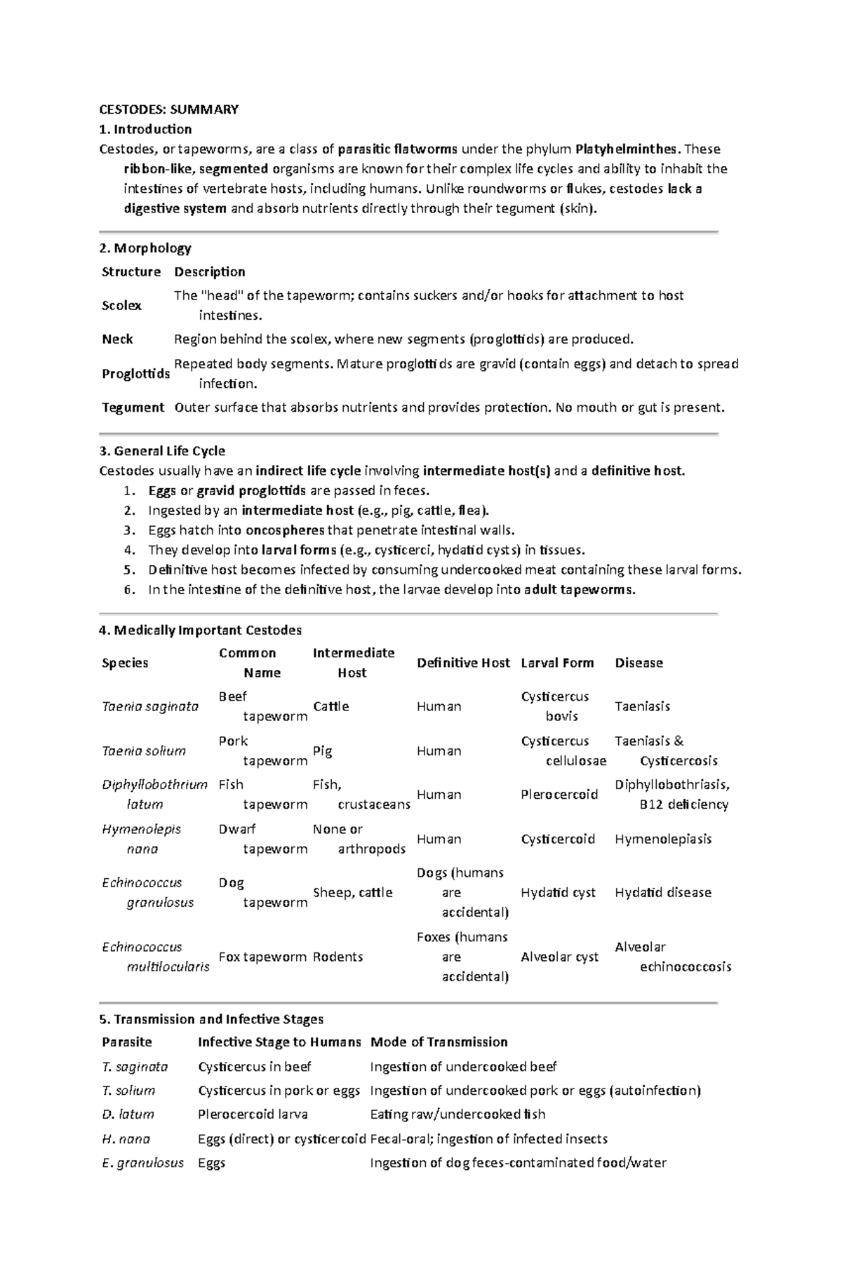 CESTODES (BIO 101): Comprehensive Summary of Tapeworms and Their Life ...