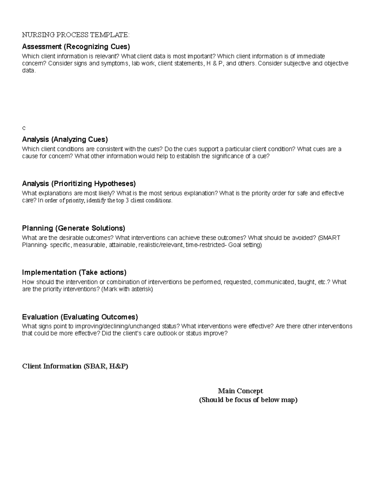 NURS 101: Concept Map Assignment on Nursing Process & Client Assessment ...