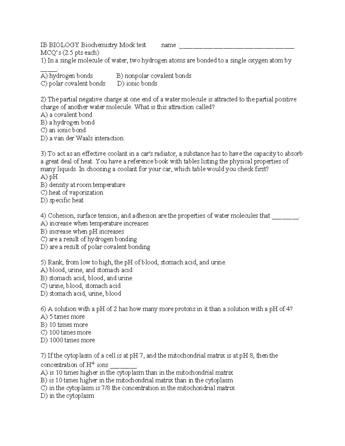 IB BIOLOGY Mock Test: Biochemistry Questions and Answers - Studocu